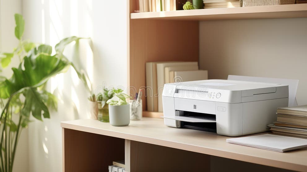 Workspace Home Office with Printer Stock Illustration - Illustration of ...