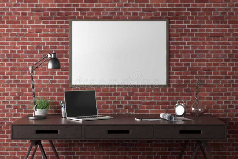 Workspace with Horizontal Poster Mock Up on Red Brick Wall. Desk with ...