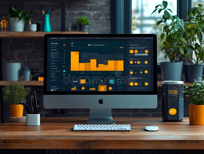 Workspace with IMac Showing Real-time Performance Dashboard, Cluttered ...