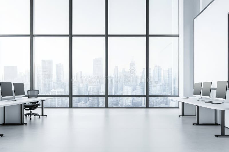 Workspace Interior with Computer Tables and Panoramic Windows Stock ...