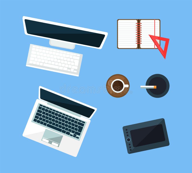 Workspace Items with Computer, Laptop, Tablet, Notepad, Coffee Cup and ...