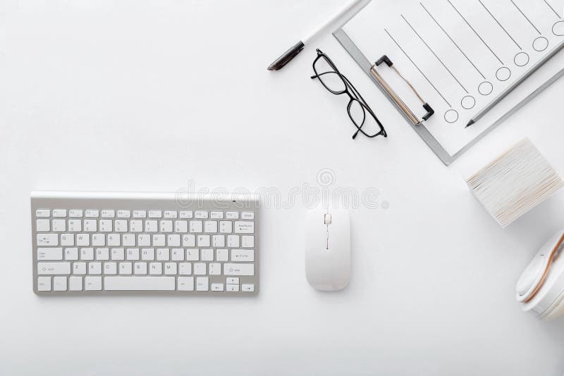 Workspace with Keyboard Mouse Glasses Papers. Flat Lay White Desk ...