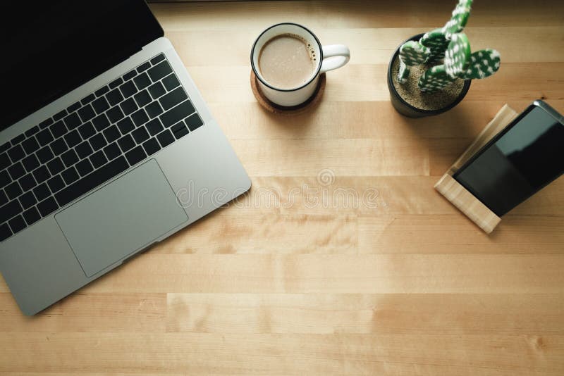 Workspace with Laptop and Coffee Cup on Wooden Desk. Stock Photo ...