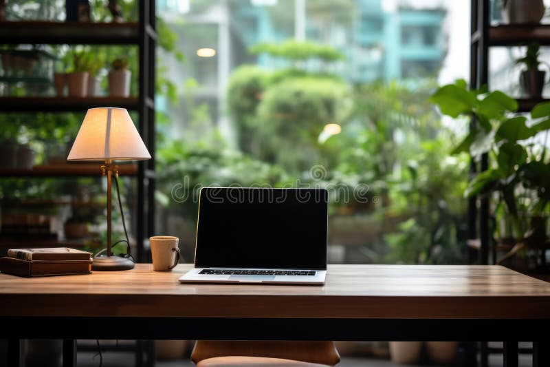 Workspace with Laptop Computer Empty Screen and Office Supply on Wooden ...
