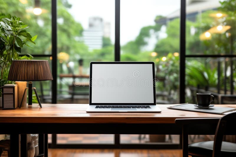Workspace with Laptop Computer Empty Screen and Office Supply on Wooden ...