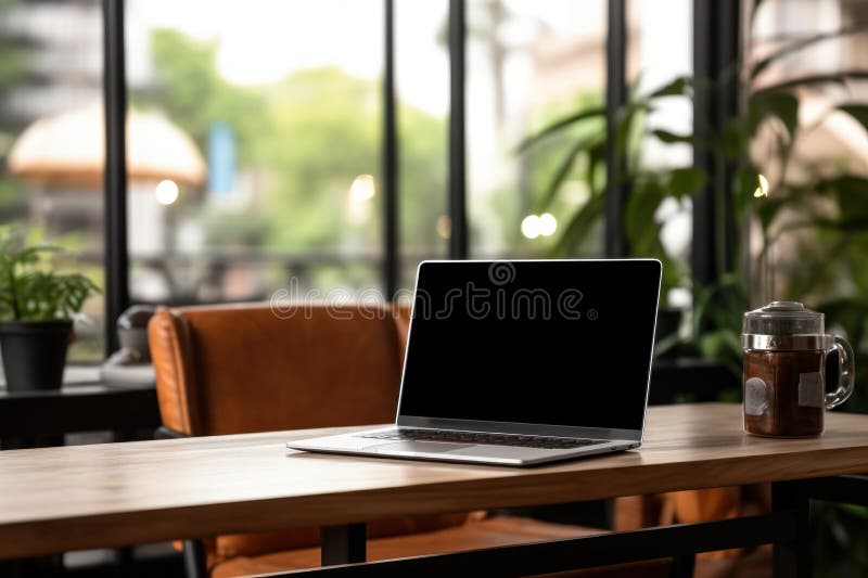 Workspace with Laptop Computer Empty Screen and Office Supply on Wooden ...