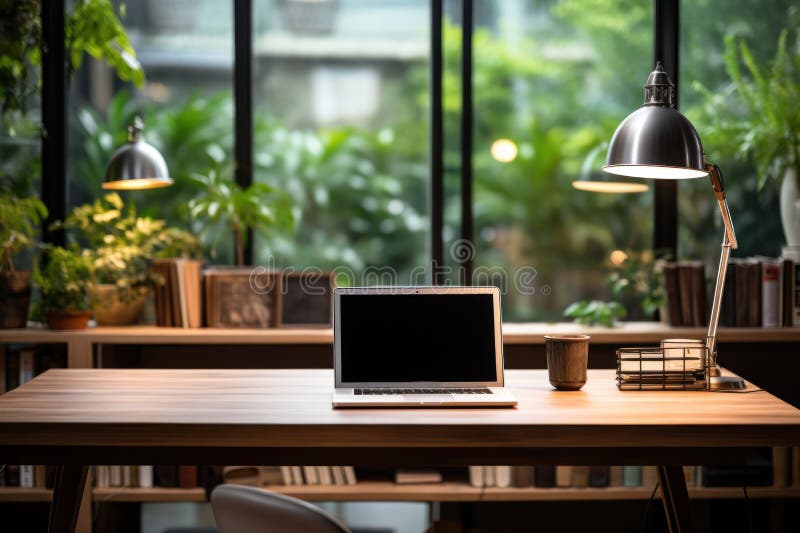 Workspace with Laptop Computer Empty Screen and Office Supply on Wooden ...