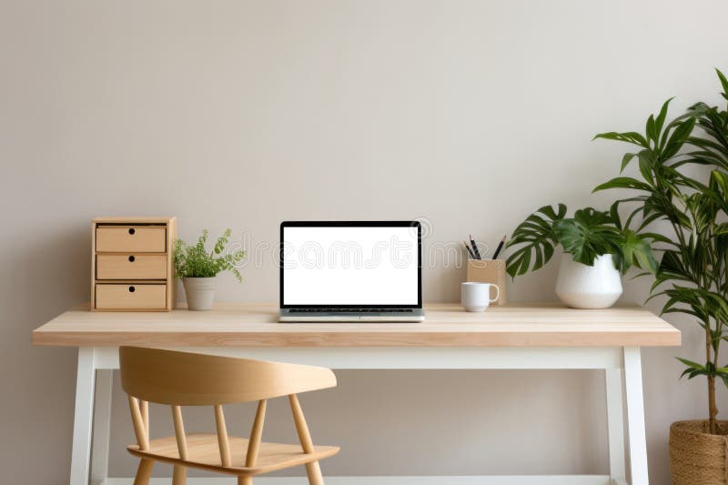 Workspace with Laptop Computer Empty Screen and Office Supply on Wooden ...
