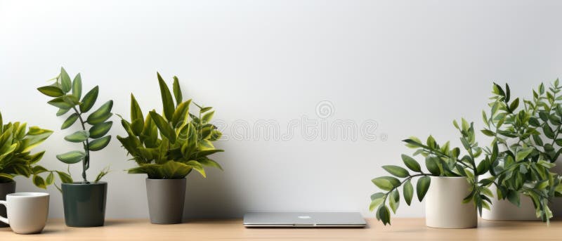 Workspace with Laptop Computer and Potted Plants on Wood Table. Stock ...