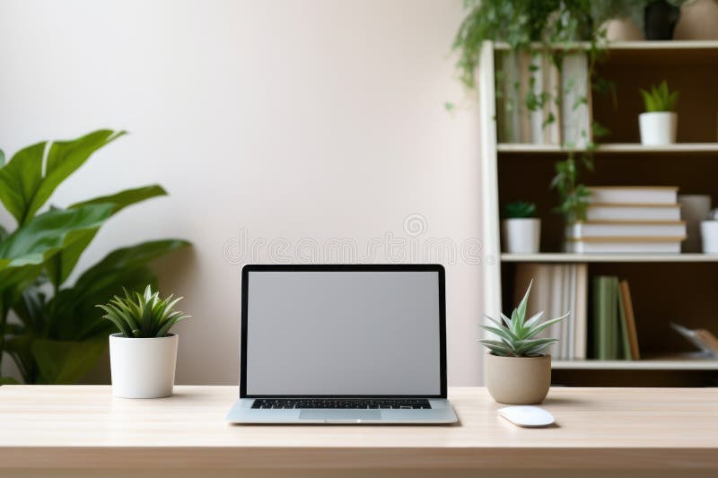Workspace with Laptop Computer and Supply on Table, Empty Screen ...