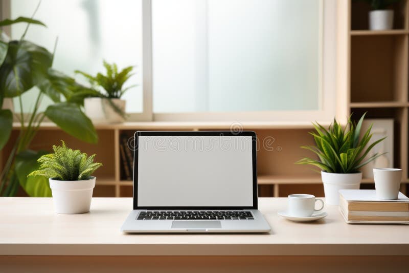 Workspace with Laptop Computer and Supply on Table, Empty Screen ...