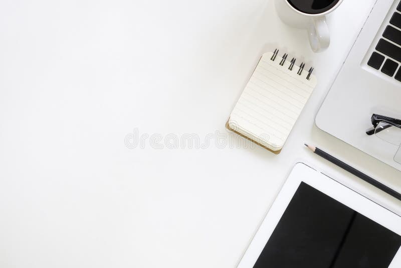 Workspace With Laptop Cup Coffee Notepad Tablet Computer And Pe Stock
