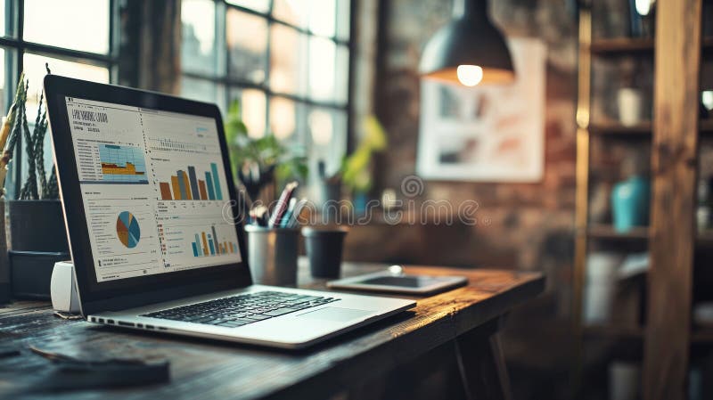 Workspace with Laptop and Data Analytics Charts on a Wooden Desk Stock ...