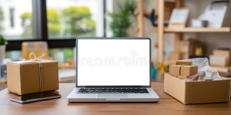 Workspace with Laptop and Delivered Packages during Daytime in a Modern ...