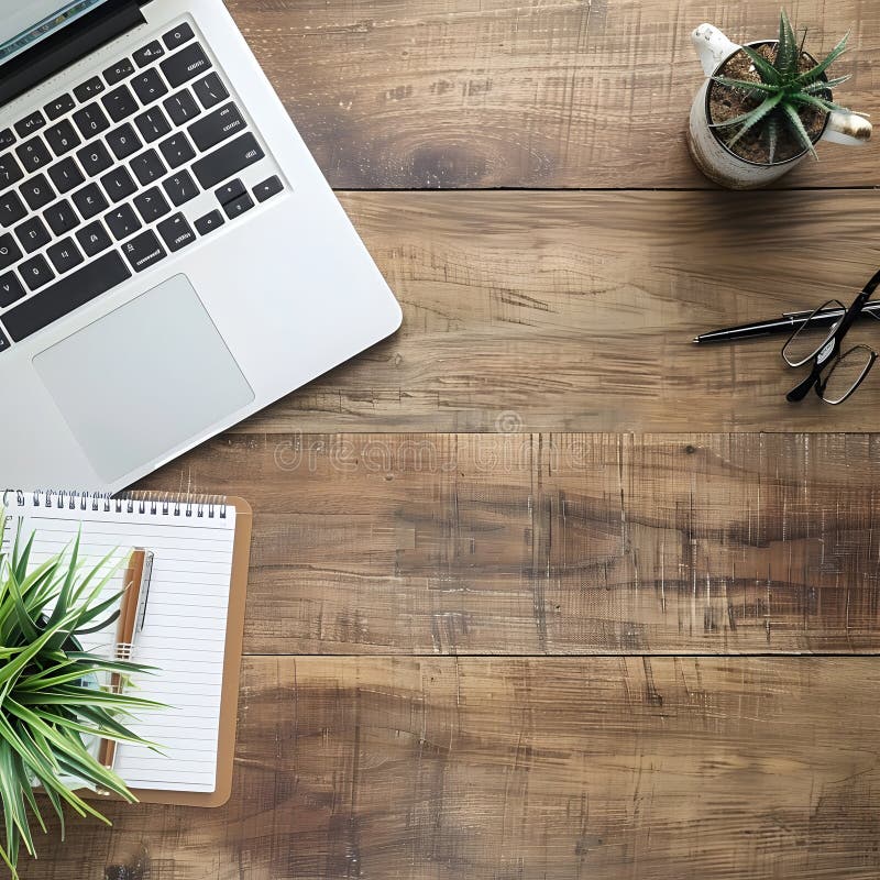 Workspace with Laptop and Notepad on Wooden Table Stock Image - Image ...