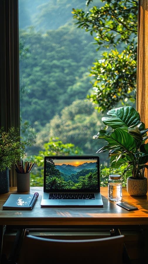 Workspace with Laptop and Plants Overlooking Green Mountains during Sunset in a Serene Setting ...