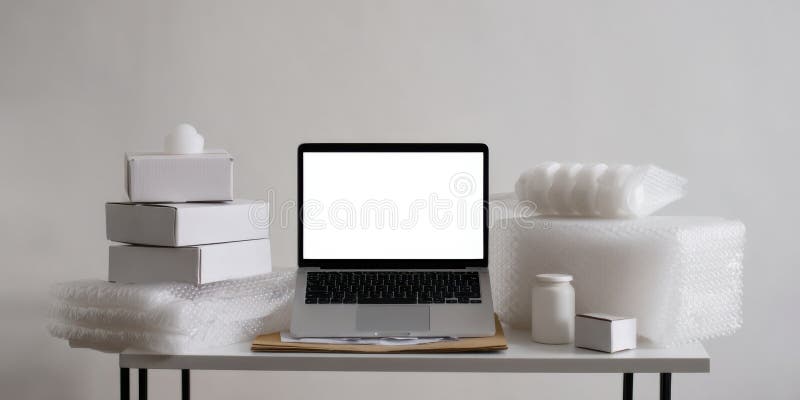 Workspace with Laptop Surrounded by Packaging Materials and Products ...