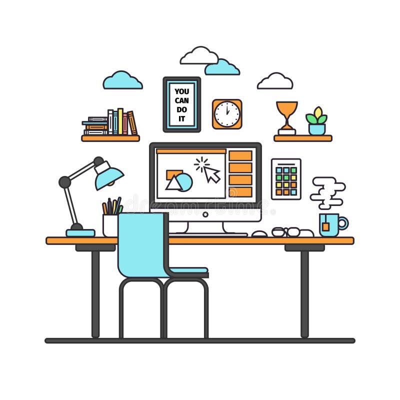 Workspace line art stock vector. Illustration of equipment - 62005407