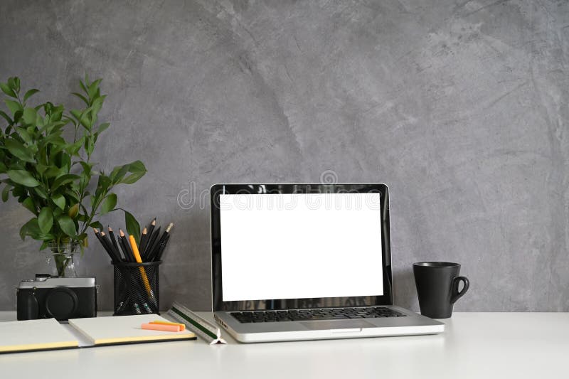 Workspace Loft Wall and Laptop Computer, Coffee, Pencil, Camera on Desk ...