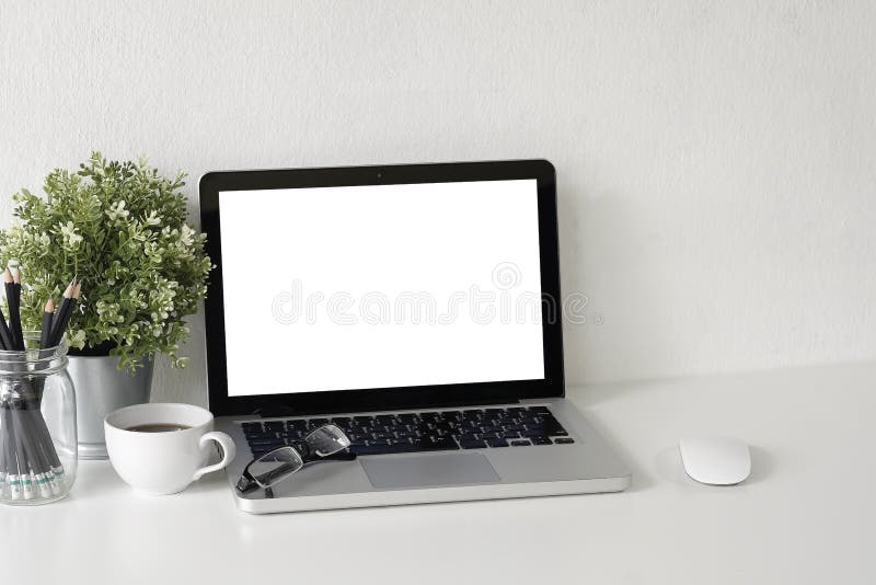 Workspace Mock Up Laptop Computer on White Table with Mug of Coffee ...