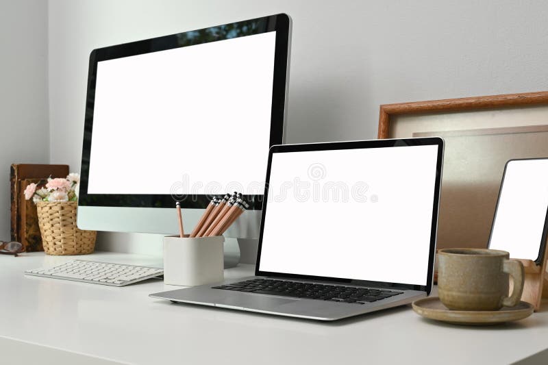 Workspace with Mockup Blank Screen Computer Pc and Laptop. Stock Photo ...