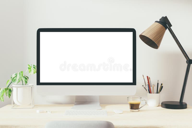 Mockup Monitor Desktop Computer and Office Supplies. Stock Image ...