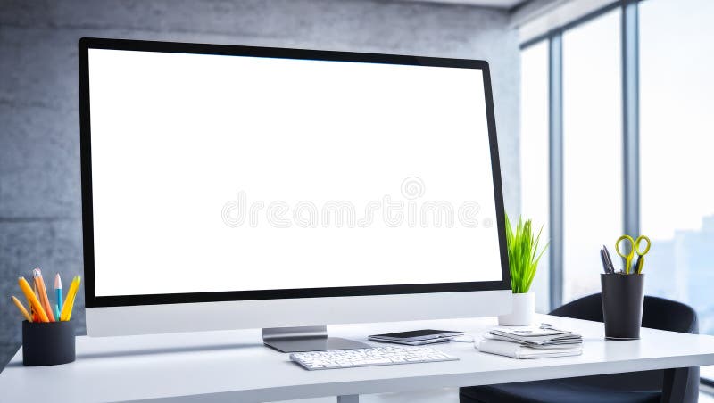 Workspace with Mockup Blank White Computer Screen. Workspace with ...