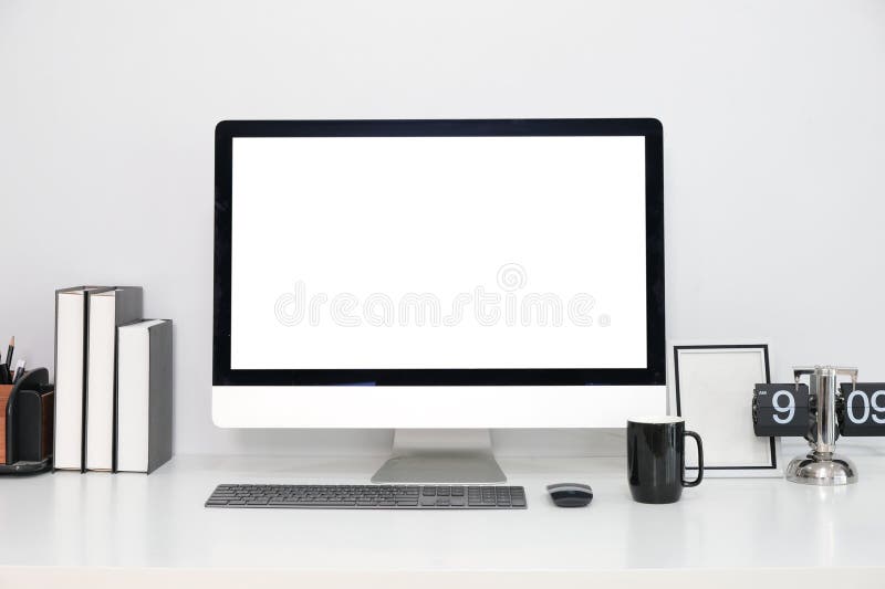 Workspace Mockup Computer Desktop on Table with Comfortable Office ...