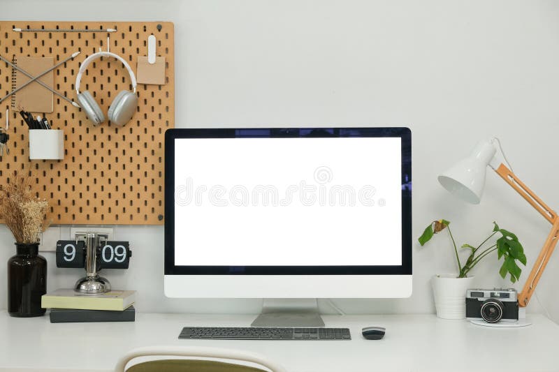 Workspace Mockup Computer Desktop on Table with Comfortable Office ...