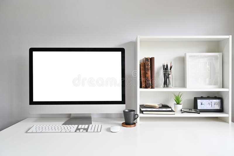 Workspace Mockup Computer on Office Desk and Books, Photo Frame and ...