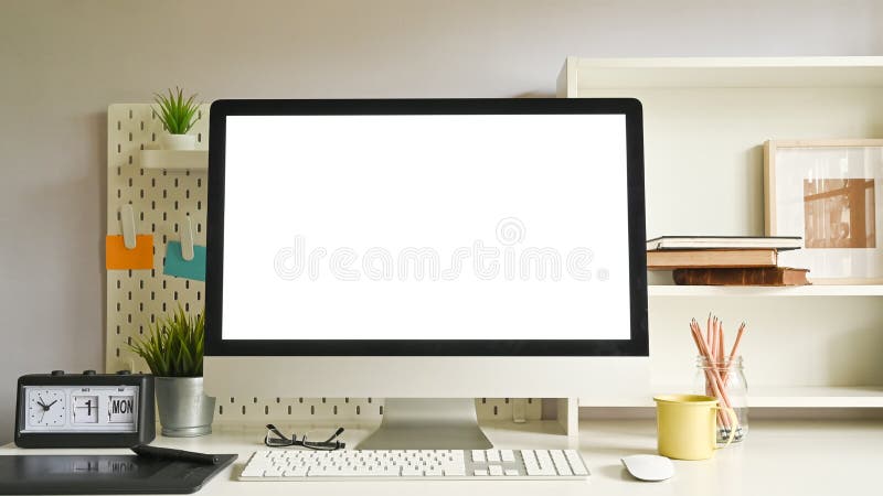 Workspace Mockup Computer, Pegboard, Shelves and Office Supply. Stock ...