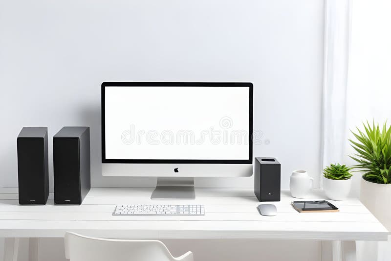 Workspace Mockup Desktop Computer and Stuff on White Wooden Table ...