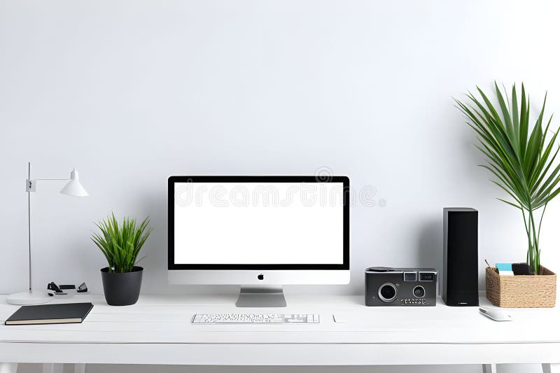 Workspace Mockup Desktop Computer and Stuff on White Wooden Table ...