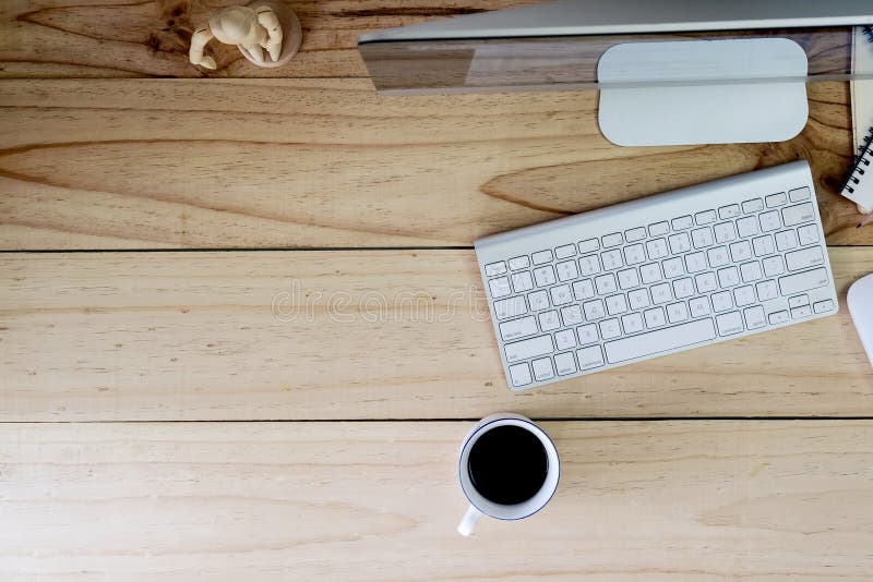 Workspace Modern Desktop Computer on Wood Table and Office Stuff. Stock ...