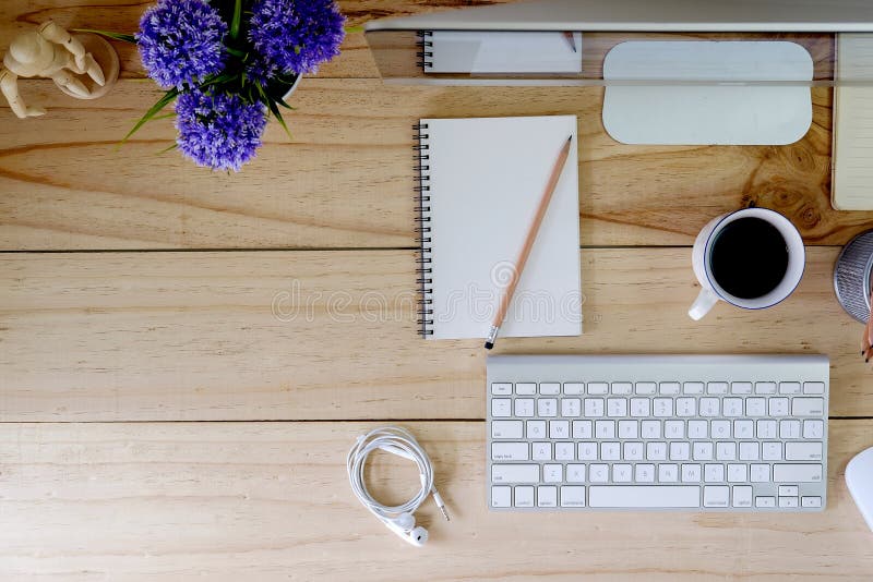 Workspace Modern Desktop Computer on Wood Table and Office Stuff. Stock ...
