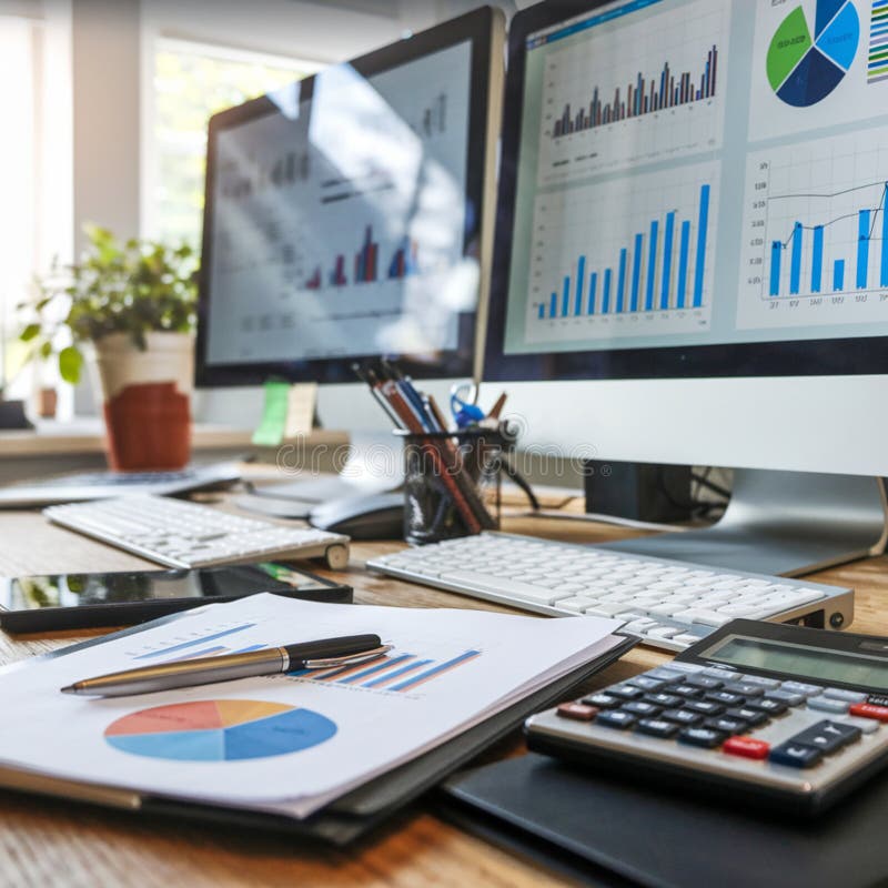 Workspace with Multiple Monitors Displaying Charts, Pen, Calculator in ...