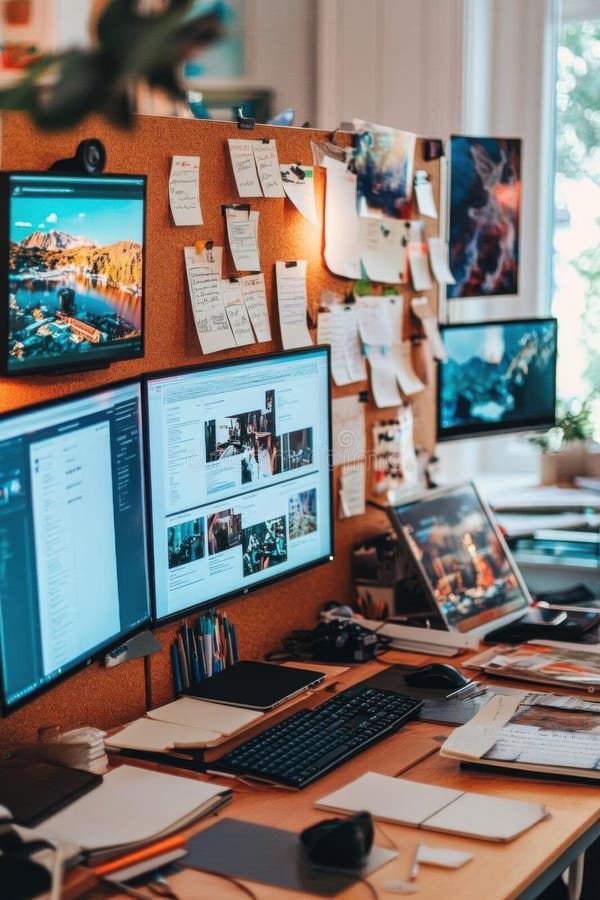 Workspace with Multiple Monitors and Notes for Productivity and ...