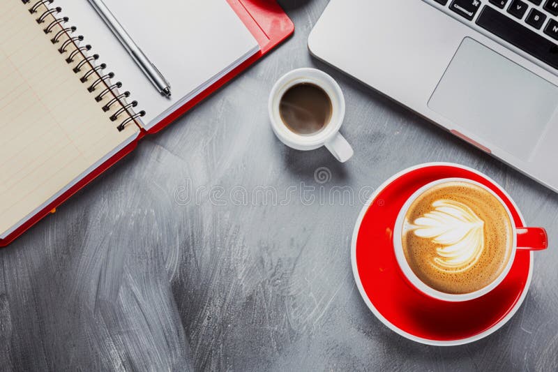 Workspace with Notebook, Laptop, and Coffee on Grey Desk Stock Image ...