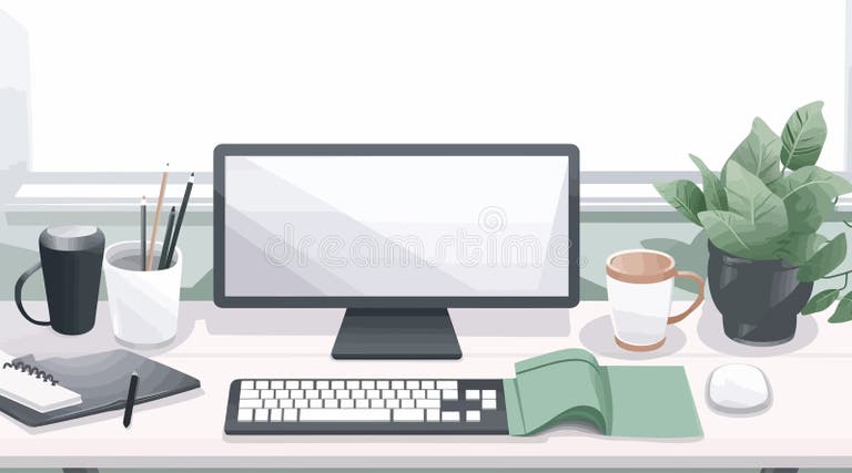 Workspace: Office with Computer and Hot Coffee in Flat, Vector ...