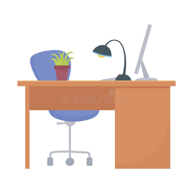 Workspace Office Desk Chair Lamp Computer and Plant Isolated Design ...