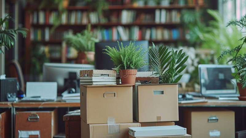 A Workspace Office Moving Process with Packed Boxes Stock Illustration ...
