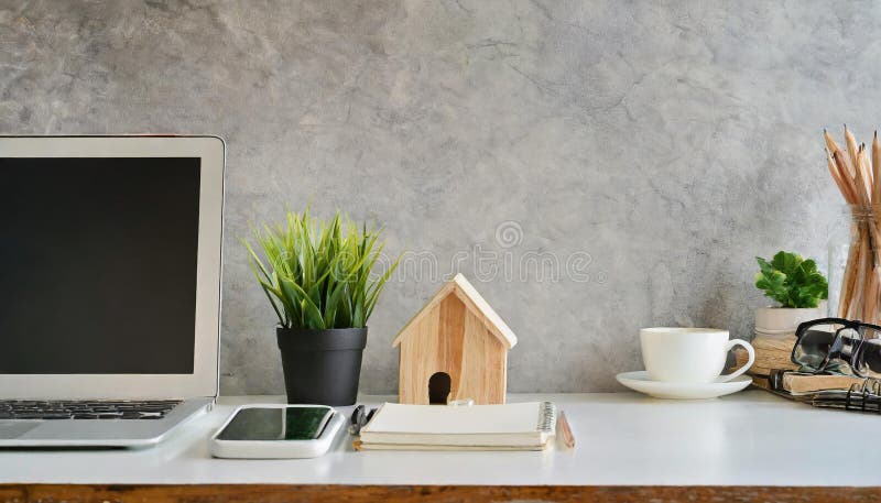 Workspace - Office Table, Empty Desk with Supplies Against the White ...