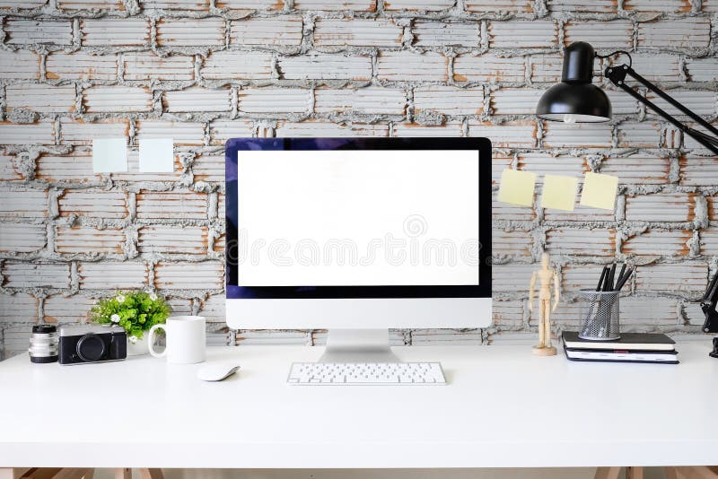 Workspace Office Table with Pc Computer Mockup Display on White Stock ...