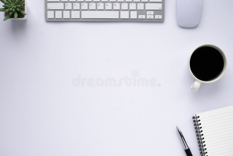 Workspace in Office with White Table. Top View from Above of Keyboard ...
