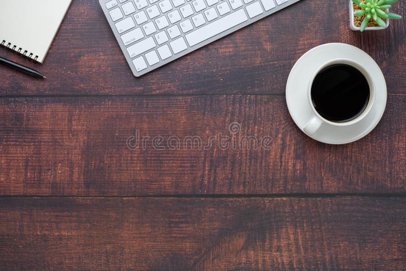 Workspace in Office with Wood Table. Top View from Above of Keyboard ...