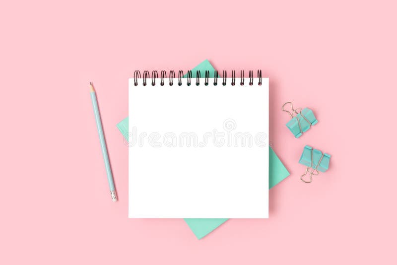 Workspace with Open Notepad Mockup and Mint Stationery on a Pink ...
