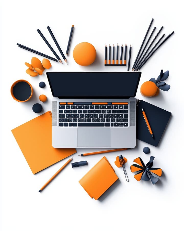 Workspace with Orange Themed Stationery Items Stock Illustration ...