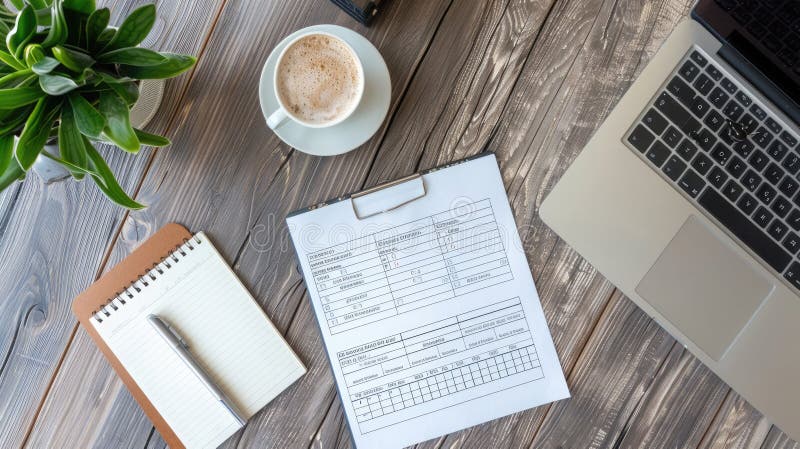 Workspace Overhead View Featuring Laptop with Questionnaire Form ...
