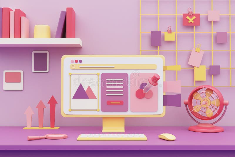 Workspace in Pastel Color with Computer and Office Supplies on Desk. 3d ...