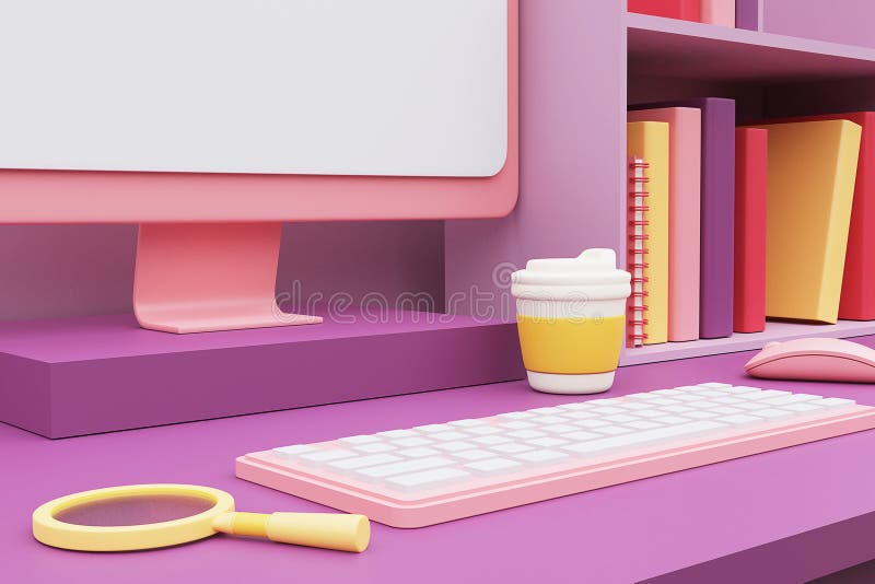 Workspace in Pastel Color with Computer and Office Supplies on Desk. 3d ...